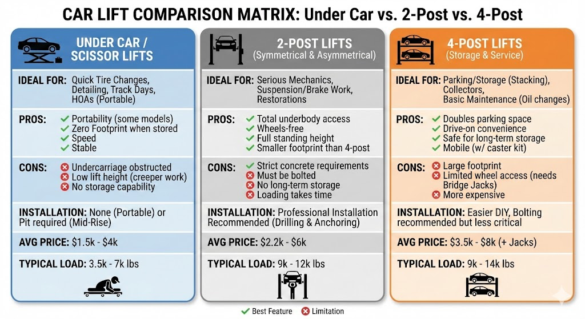 The Ultimate Guide to Home Garage Lifts: Under Car vs. 2-Post vs. 4-Post